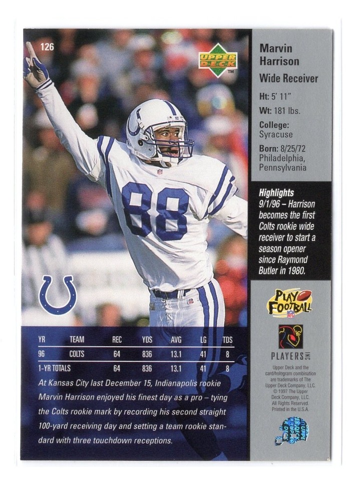 Football Card - 1997 Marvin Harrison 126 - Indianapolis Colts Upper ...