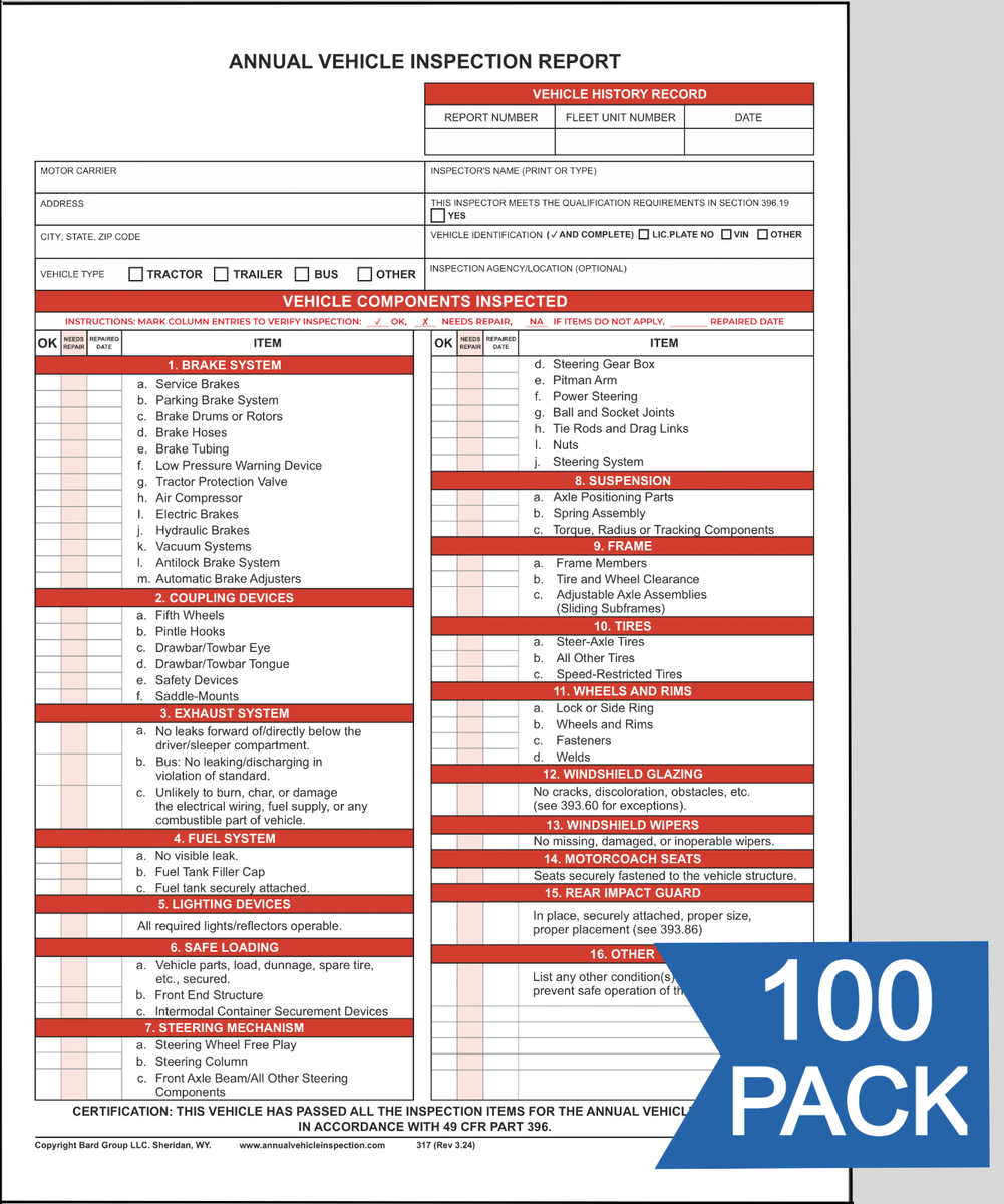 Vehicle Safety Inspection DOT Inspection Forms & Stickers (6x3.5") With ...
