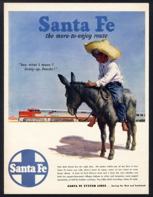 SANTA FE Train Ad 1947 Mexican Boy on Burro Donkey RAILROAD Railway | eBay