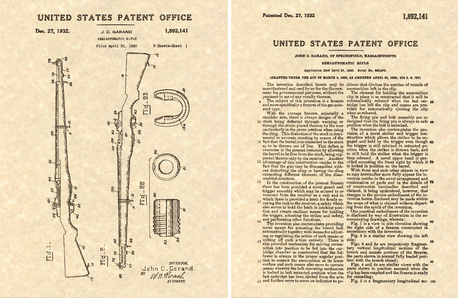 US PATENT for the M1 GARAND RIFLE Art Print READY TO FRAME ww2 30 CAL ...