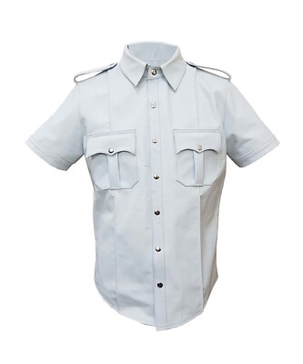 Mens Real White Leather Police Uniform Shirt - Hot BLUF Style Half ...