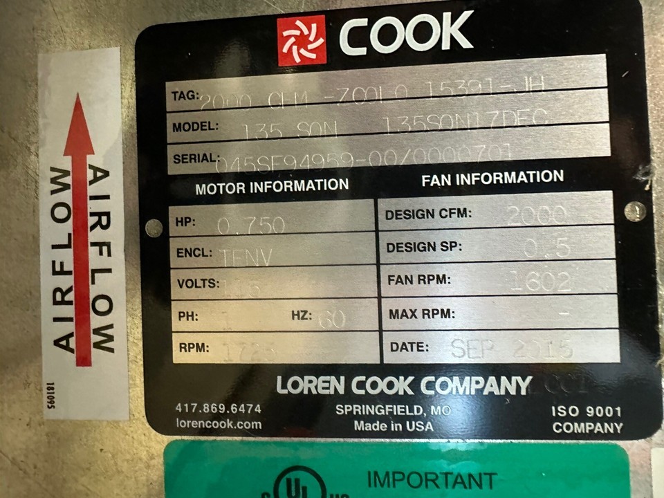 Loren Cook Square Inline Fan 135 SQN 135SQN17DEC 2000CFM 115 1Ph 60Hz ...
