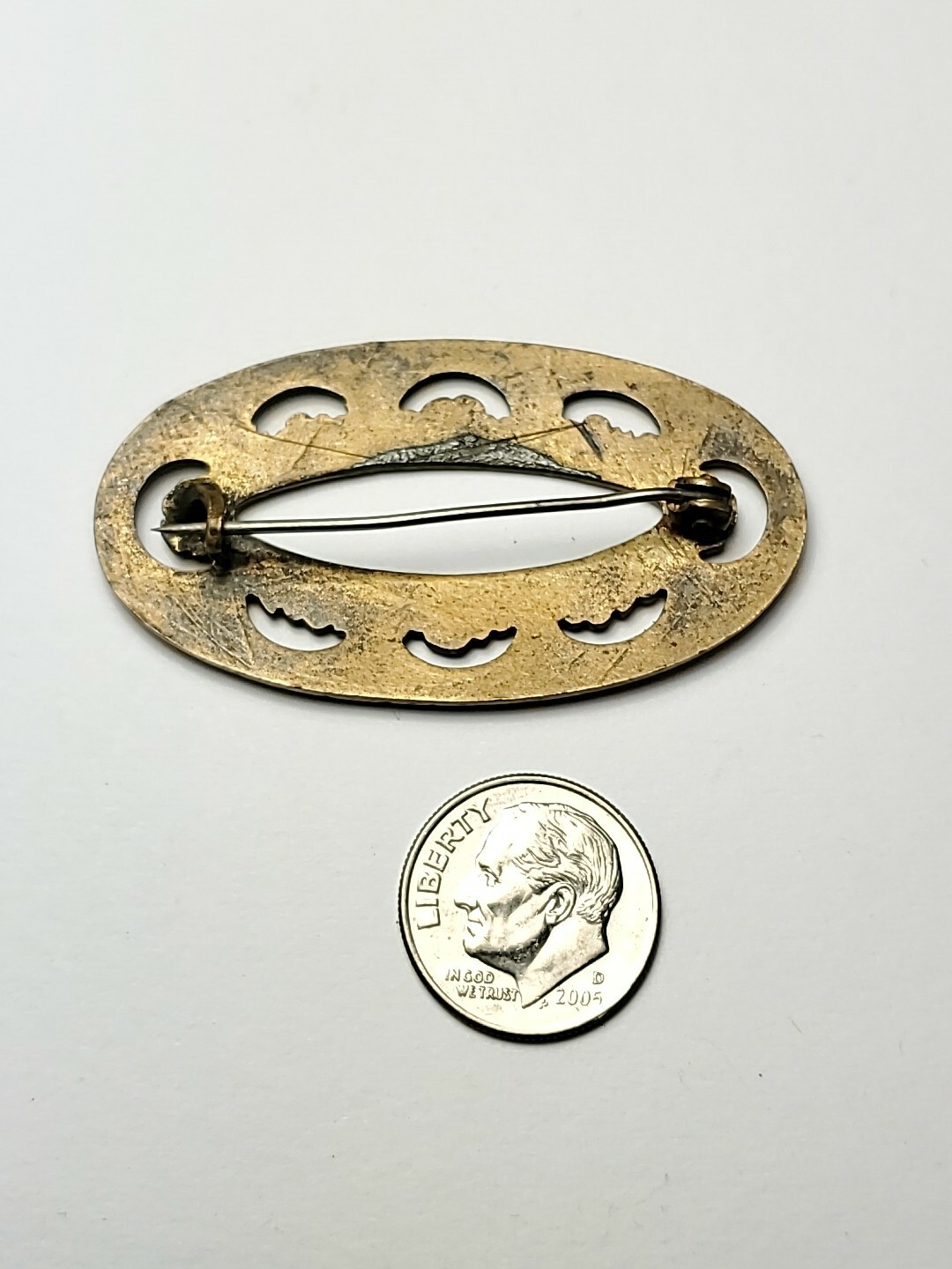 Antique 1800's Brooch Pin, Brass W/ Lapis Inlay - Gem