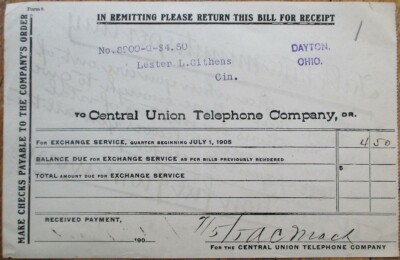 Central Union Telephone Co., Dayton, OH 1905 Bill/Billhead - Ohio | eBay