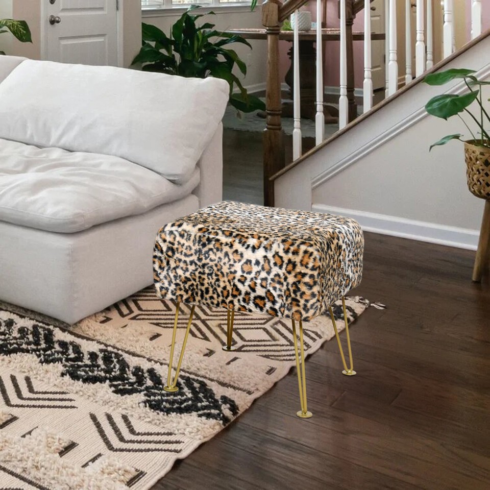 HST Leopard Print Ottoman Faux Fur Footrest Bench Stool Accent Chair ...