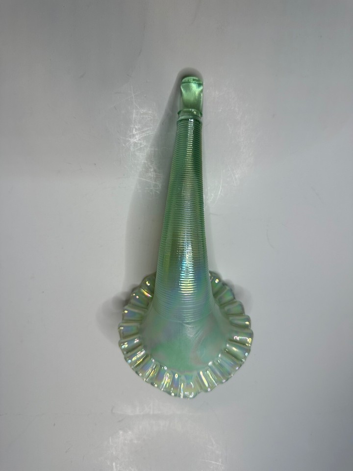 Vtg Fenton Glass Epergne Horn UV Reactive Ribbed Iridescent Sea Mist ...