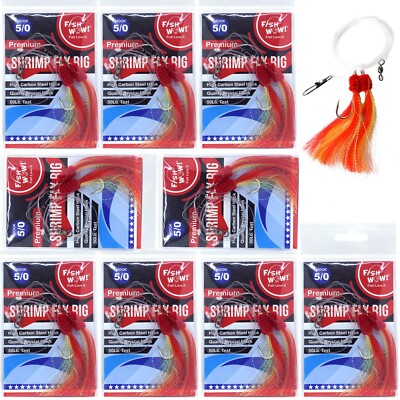 10 packs 5/0 Yellow Red Fishing Shrimp Fly Rigs Krystal flash Rockfish ...