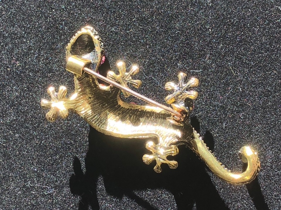 GECKO Brooch pin pink green rhinestone gold tone 2"x1" GIFT mothers day ...