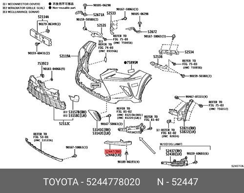 Original pad, front bumper guard, no.2 right, 5244778020 for TOYOTA ...