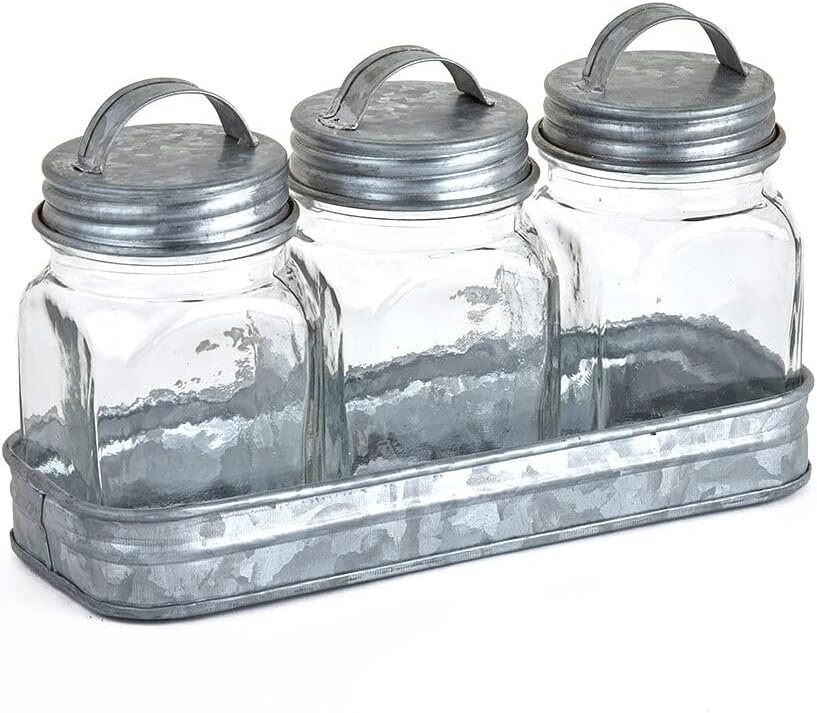 Farmhouse Country Glass Canister Set Galvanized Metal Lids w/ Tray Jars ...