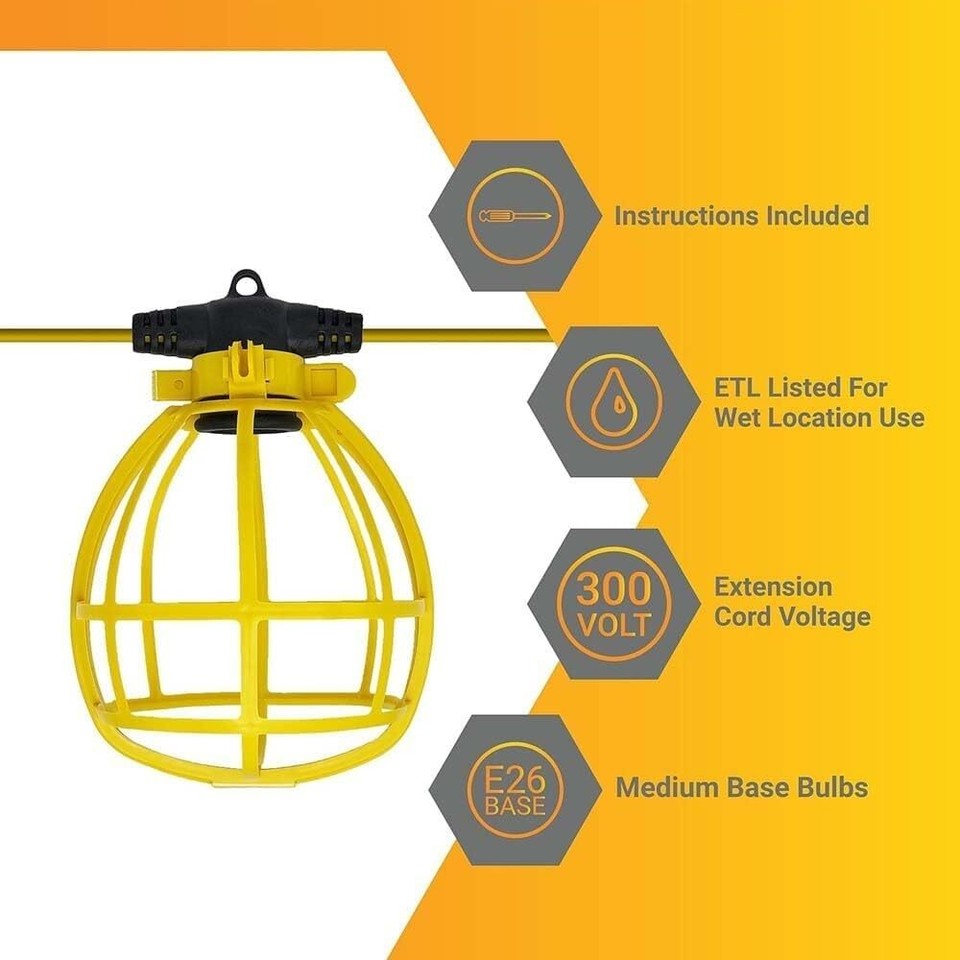 2Pack 10 Light Plastic Cage Temporary Light String, 100FT, Yellow, 150W ...
