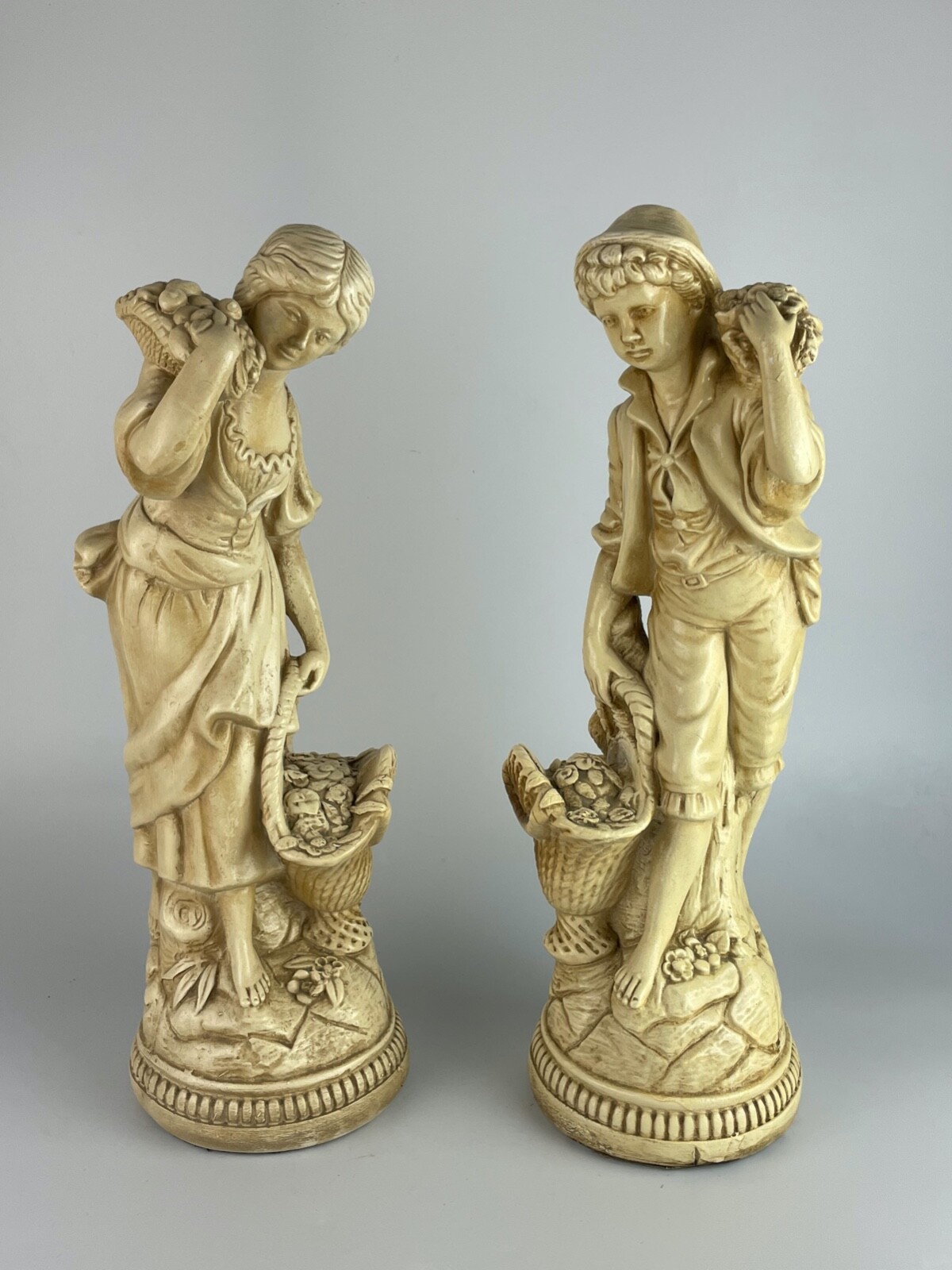 Pair of Vintage Pastoral Antique Man + Woman large 20" Plaster Statues ...