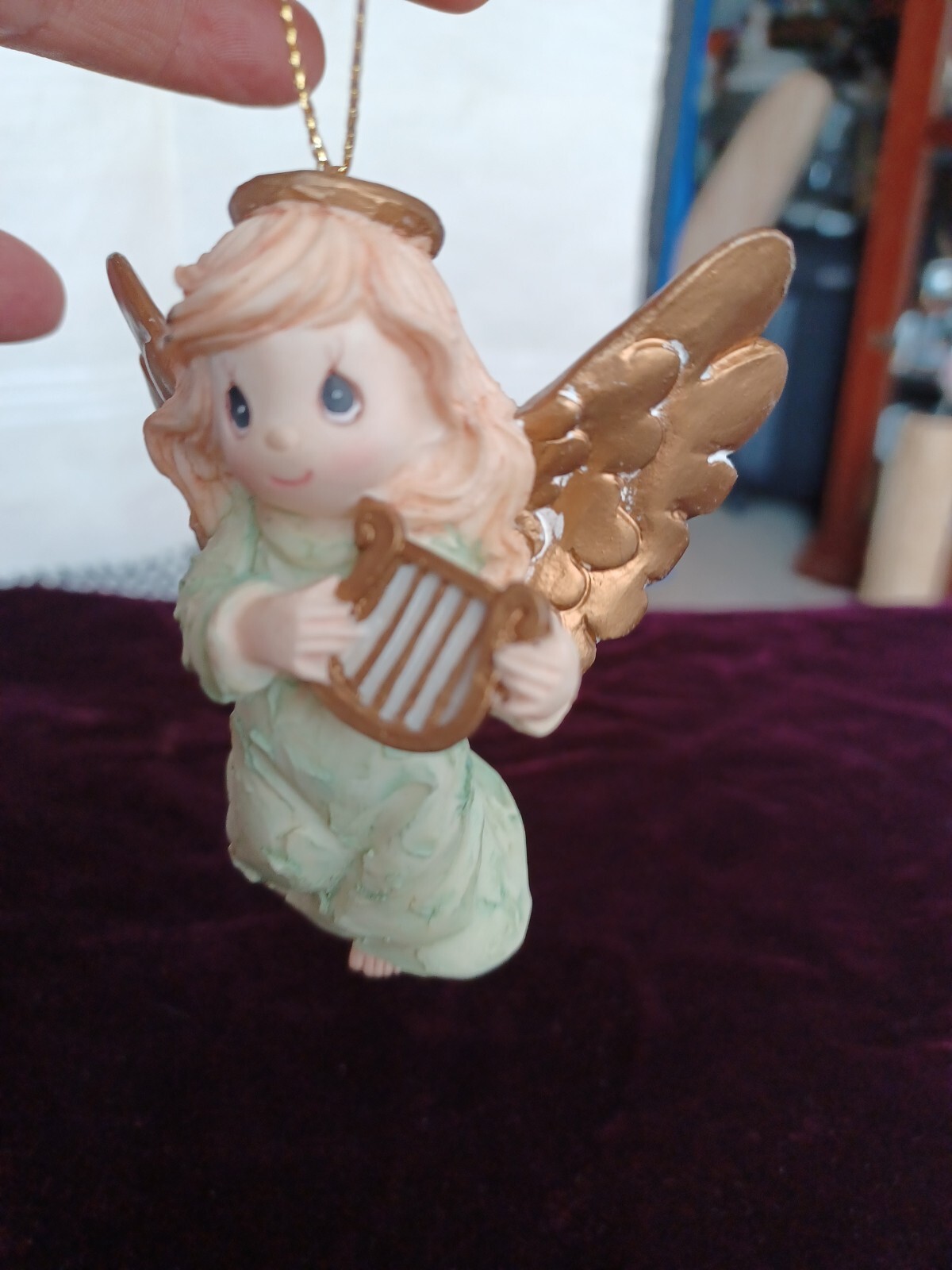 Precious Moments 1996 PMI Angel Arp Ornament 4" tall green and golden ...