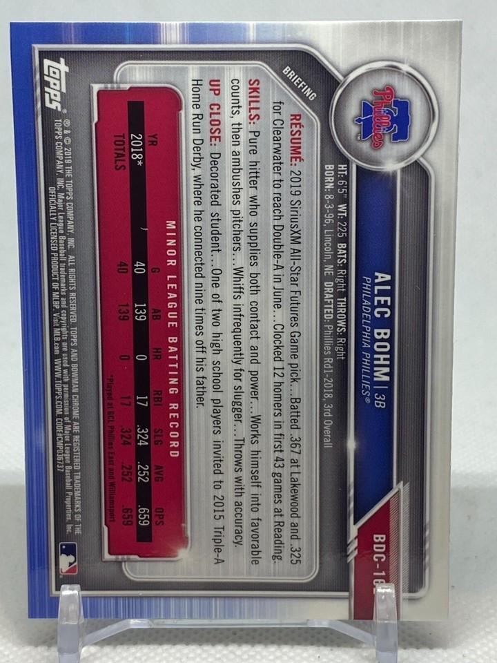 2019 Bowman Draft Alec Bohm Chrome #BDC-162 Philadelphia Phillies | eBay