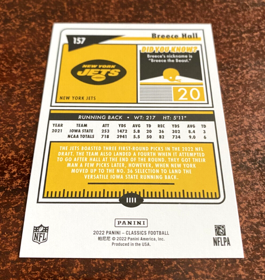 2022 Panini Classics Rookies BREECE HALL Rookie Card RC #157 NEW YORK ...