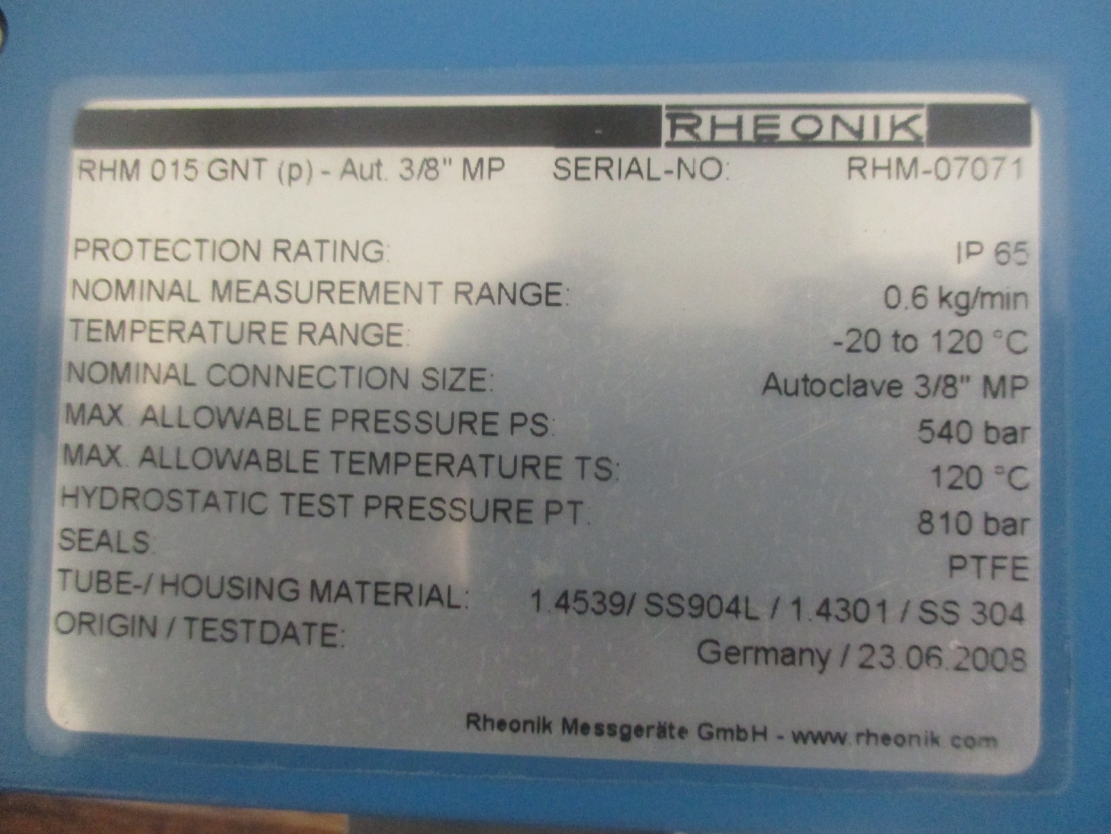 Rheonik Modell Rhm 015 Gnt Coriolis Masse Flowmeter. Ungebraucht Spare ...