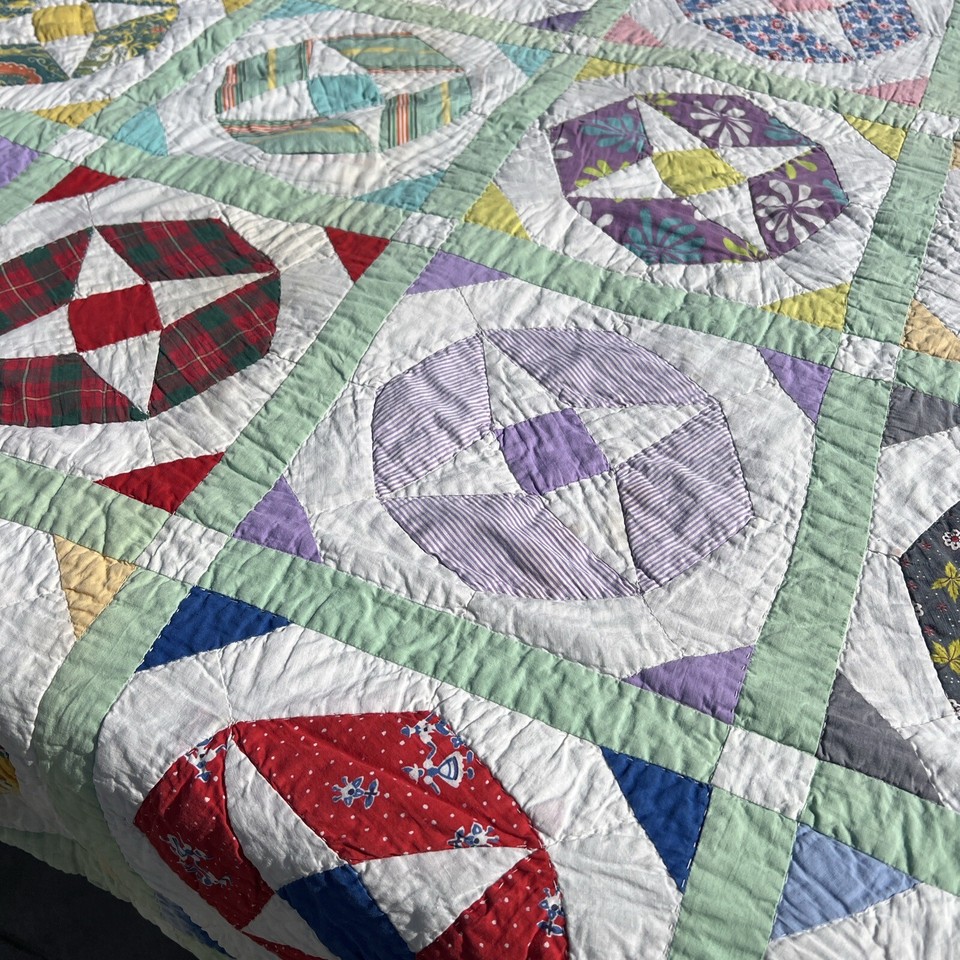 Vintage Hand Sewn Patchwork Quilt 77” X 65” Green, Multi Color. | eBay