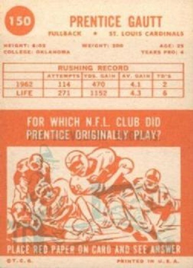 1963 TOPPS Vintage Football Card #150 - Prentice Gautt, St. Louis ...