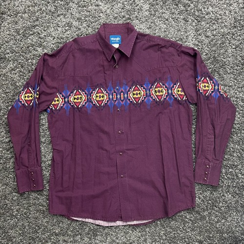 Vintage Wrangler Western Shirt Mens Extra Large XL Maroon Aztec Pearl ...