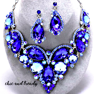 STATEMENT BLUE GLASS CRYSTAL CHUNKY PROM BRIDAL FORMAL NECKLACE JEWELRY ...