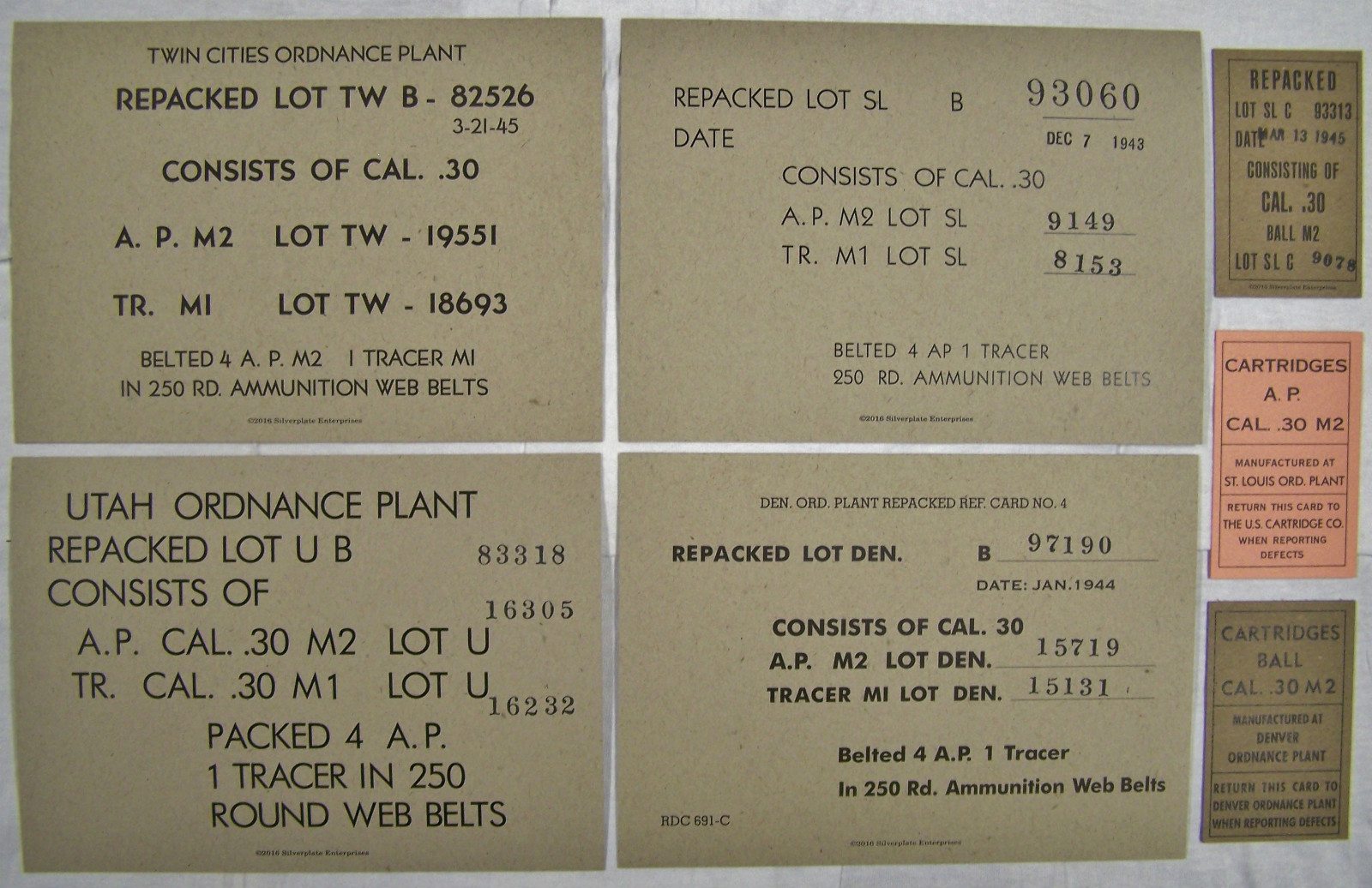 WWII NEW REPLICA REPACKED LOT DATA CARDS FOR M1 AMMO BOX - 4 DIFFERENT ...