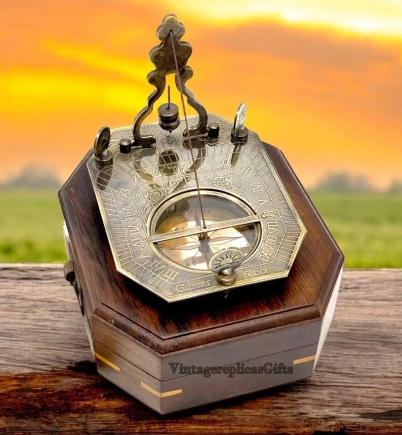 Antique Brass Pendulum Sundial Compass w/ Wooden Box Vintage Style ...
