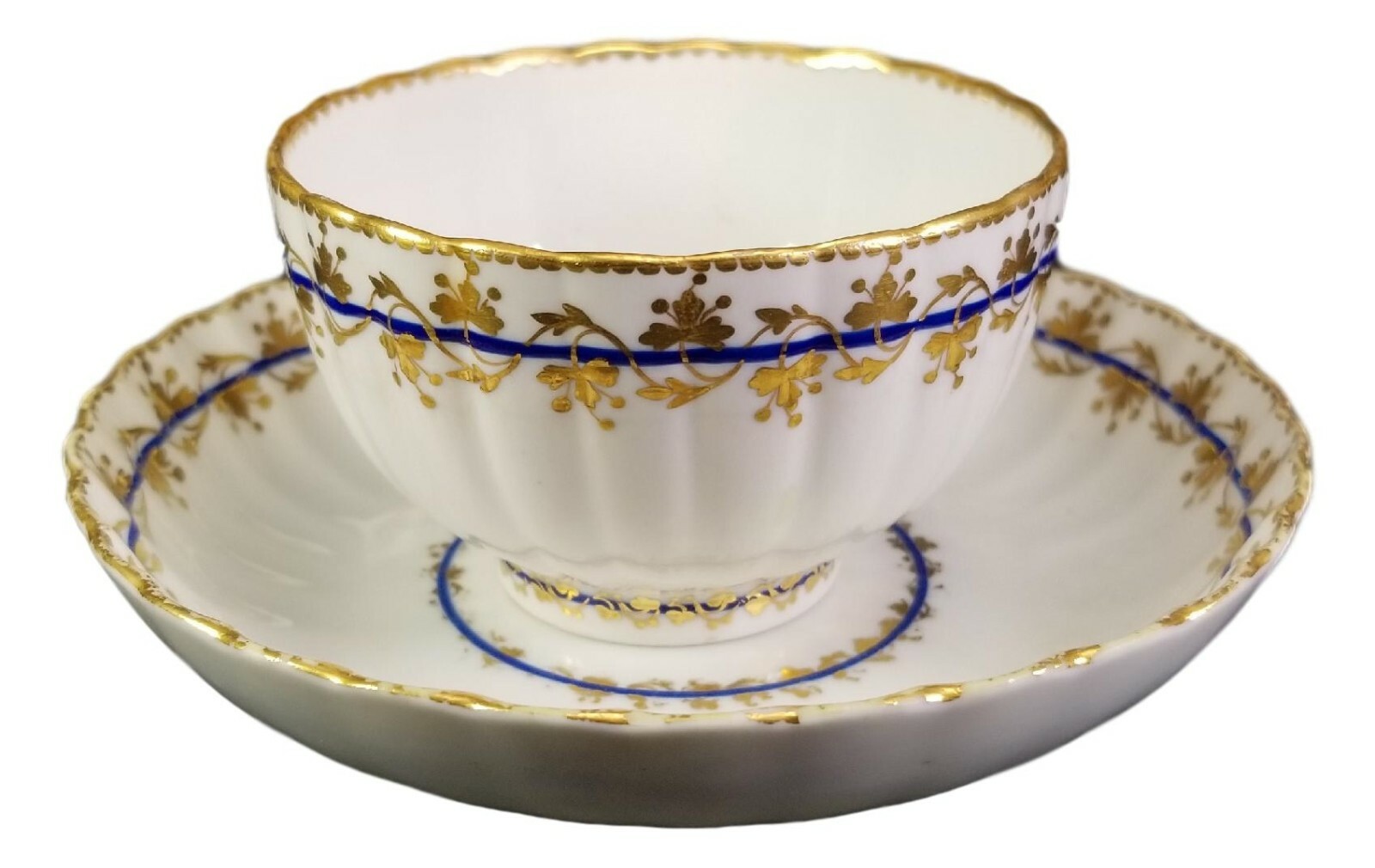 Early Derby 18th Century Fluted Gold and Blue Bowl Cup and Saucer Puce ...