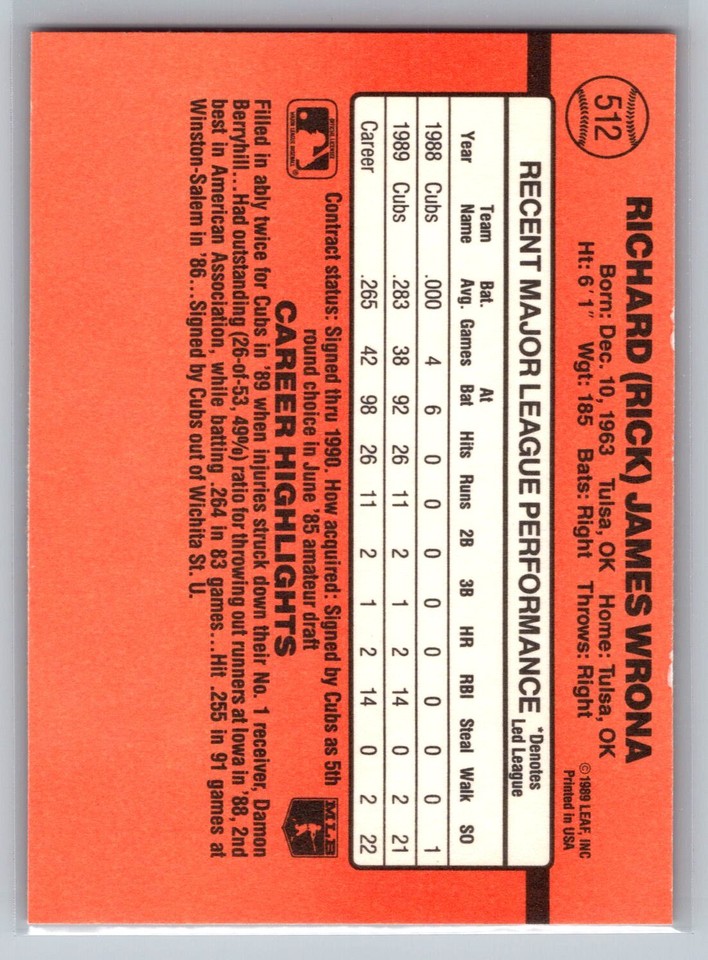 1990 Donruss Baseball #512 Rick Wrona RC Chicago Cubs | eBay