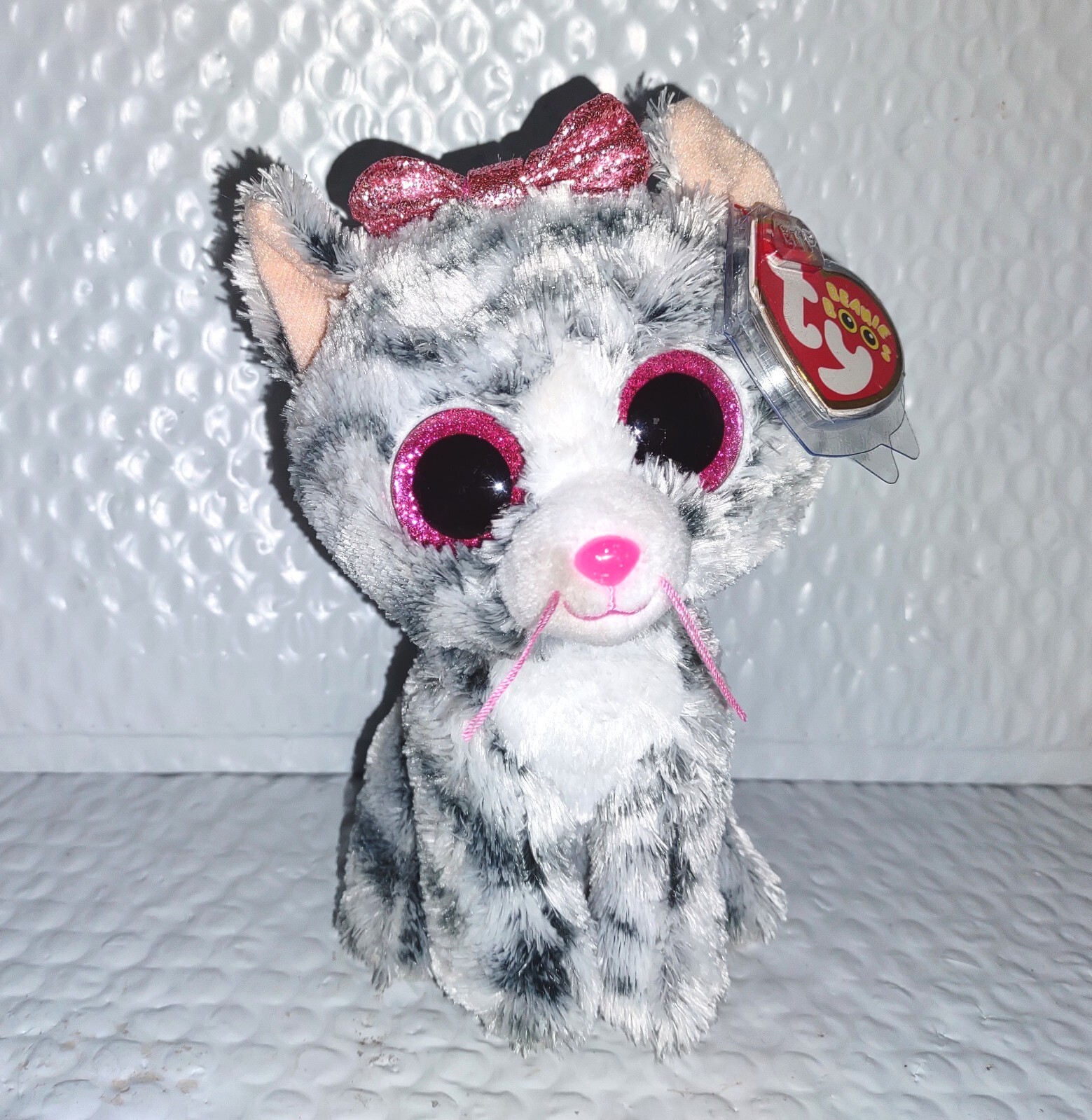 Ty Beanie Boos KIKI Gray Tabby Cat 6" Soft Fur Plush Pink Glitter Eyes ...