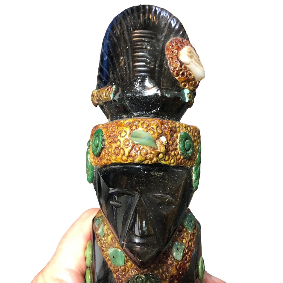 Hand Carved Obsidian Black Onyx Aztec Mayan Stone Figure Statue Coral ...