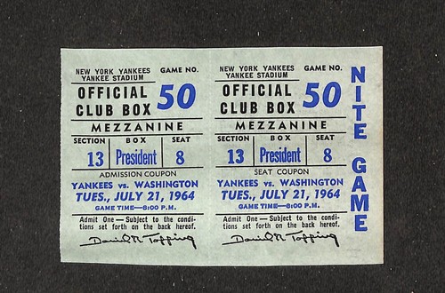 JULY 21, 1964 WASHINGTON @ NY YANKEES PRESIDENT CLUB BOX & STADIUM CLUB ...