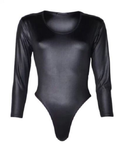 Womens New Wet Look Long Sleeve Black PVC Pu Bodysuit Top Leotard Plus ...