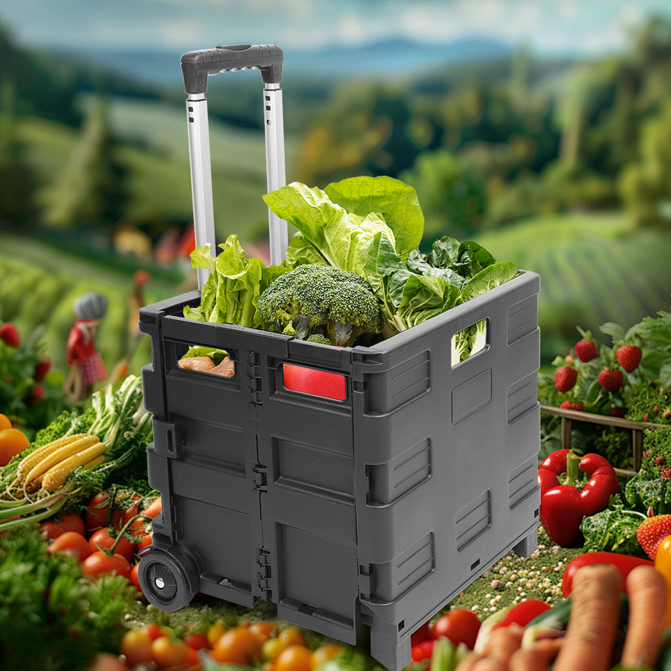 45L Folding Boot Cart Shopping Trolley Fold Up Storage Box Wheels Crate ...
