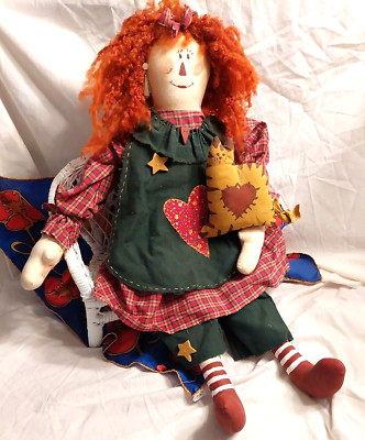 RAG DOLL ANN & CALICO CAT 26" CURLY RED HAIR HEARTS APRON PLAID DRESS ...