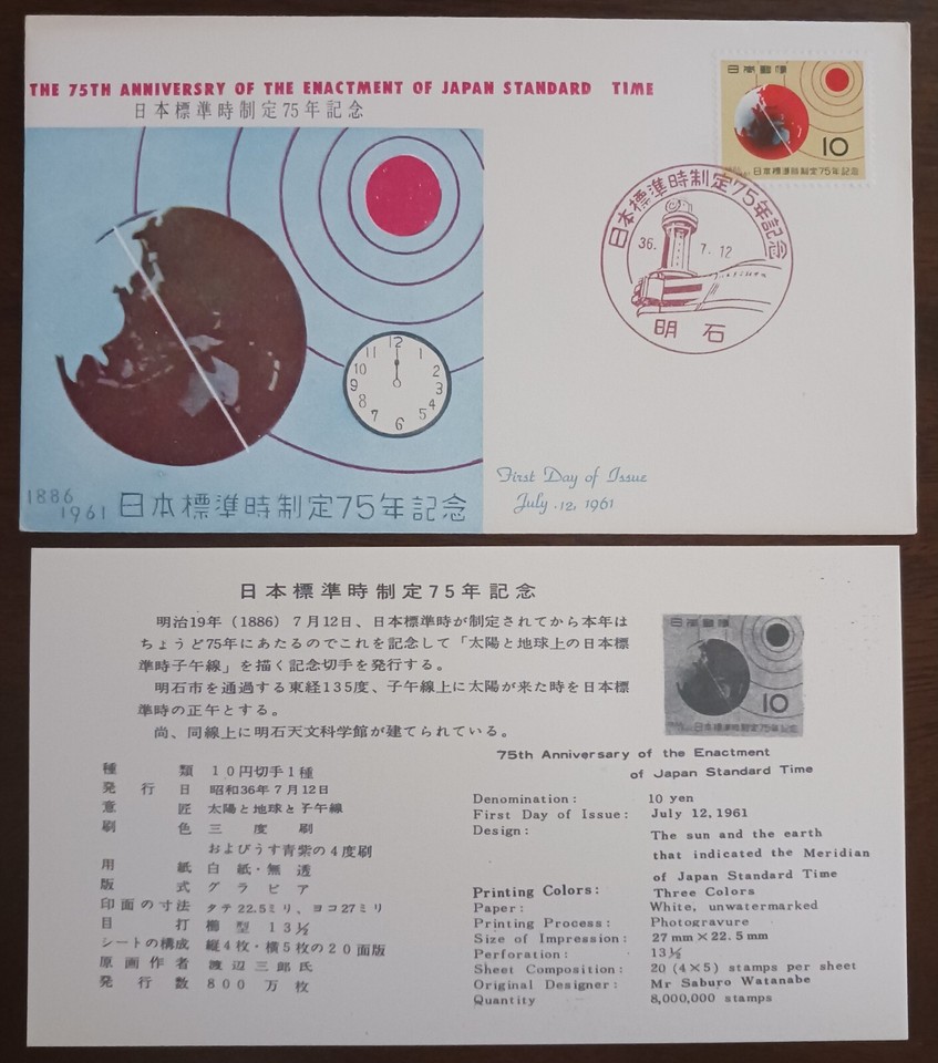 JAPAN 1961 - 75TH ANNIVERSARY OF THE ENACTMENT OF JAPAN STANDARD TIME ...