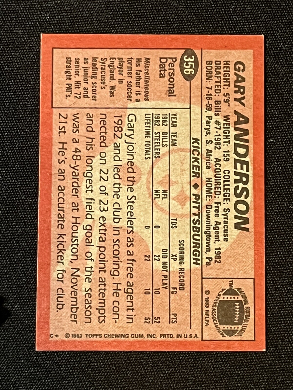 1983 Topps Football GARY ANDERSON ROOKIE Card #356 PITTSBURGH STEELERS ...