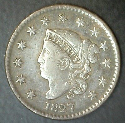 1827 Coronet Head US One Cent XF Penny Coin 1c Large Cent Copper Coin ...