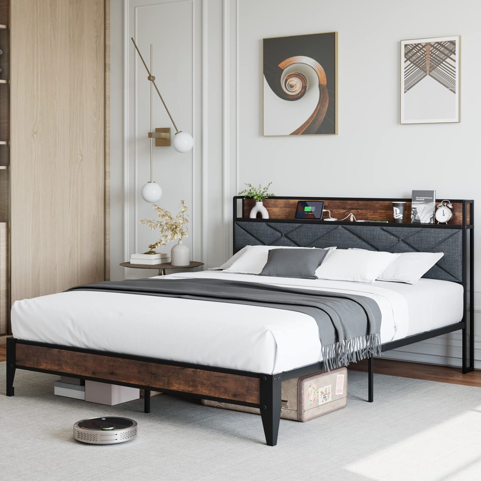 Full/Queen/King Bed Frame w/ Storage Headboard, USB Charging, Solid ...