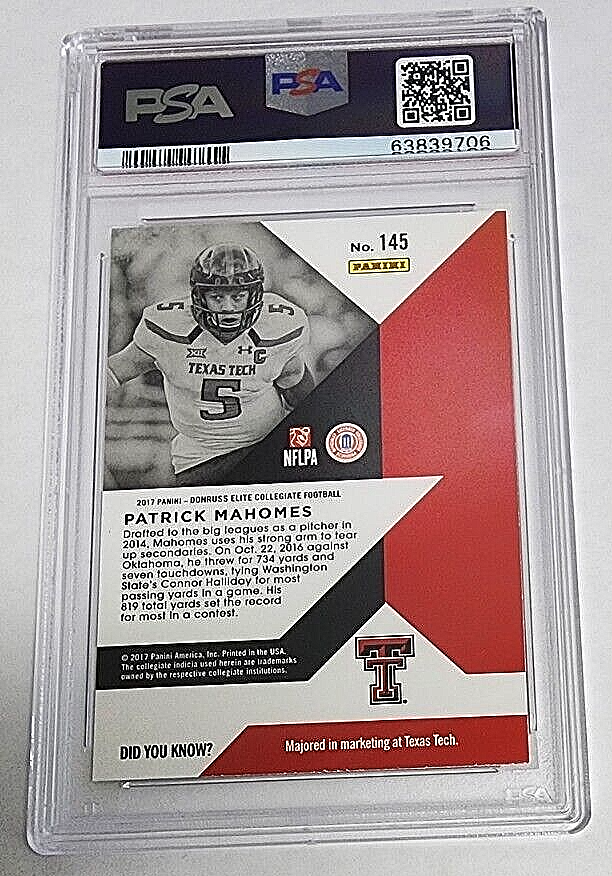 PATRICK MAHOMES 2017 Panini Elite Draft Picks Rookie RC Card #145 PSA 9 ...