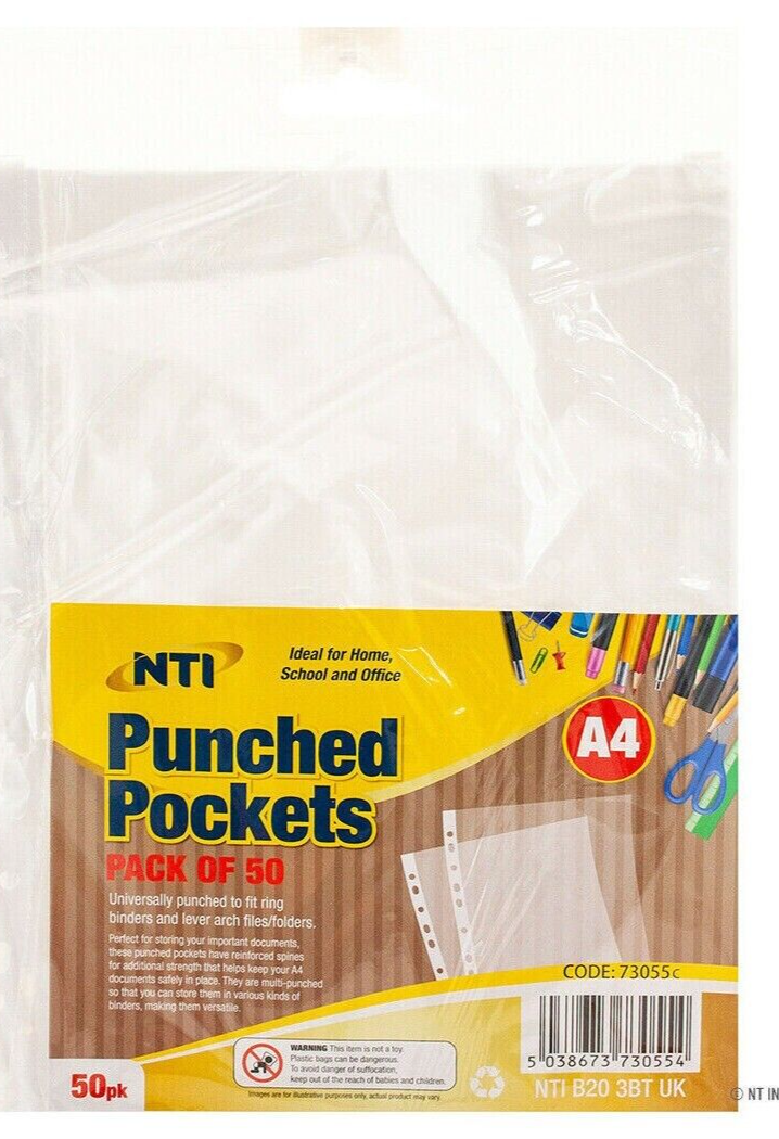 PACK OF 50 A4 PLASTIC PUNCH POCKETS FOLDERS PAPER SLEEVES ORGANISER ...