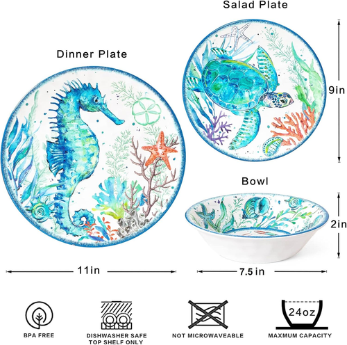 12-Piece Melamine Beach Dinnerware Set, Coastal Plates and Bowls Sets ...