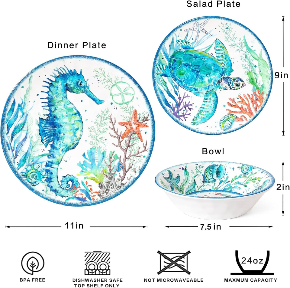 12-Piece Melamine Beach Dinnerware Set, Coastal Plates and Bowls Sets ...