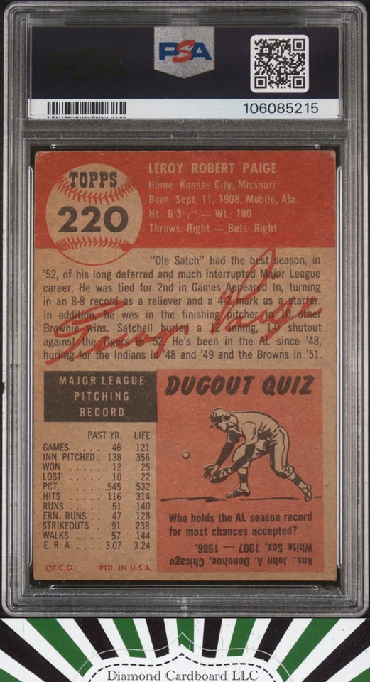 1953 Topps #220 Satchell Paige PSA 2 [NICELY CENTERED] | eBay