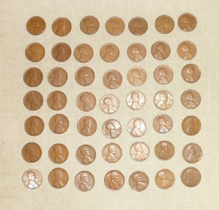 Silver Barber Dime on the end of a 50-coin Mixed Indian / Wheat Roll ...