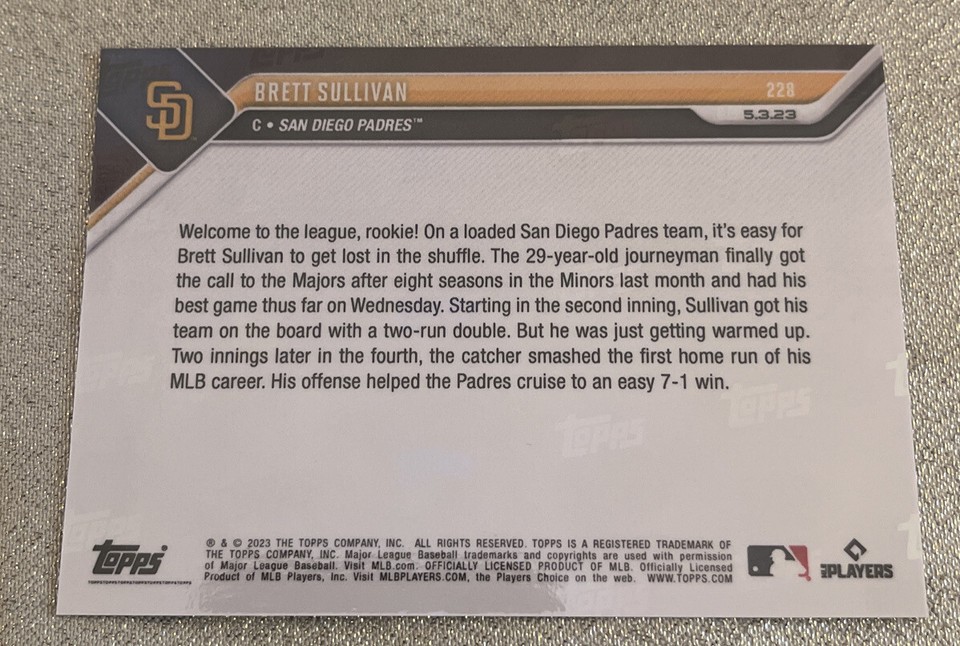 2023 Topps Now Brett Sullivan RC 1st Career HR Blue #34/49 SD Padres ...