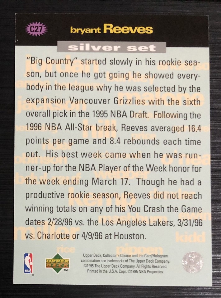 Bryant Reeves 1995-96 Collector's Choice #C27 Basketball Card Grizzlies ...