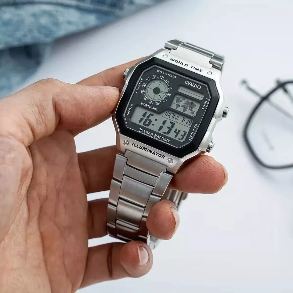Casio Men's Illuminator Stainless Steel AE-1200WHD World Time Digital ...
