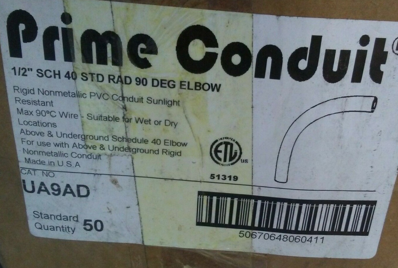 Prime Conduit 90 Degree Elbow PVC 1/2" SCH 40 STD RAD, Made in USA (50 ...