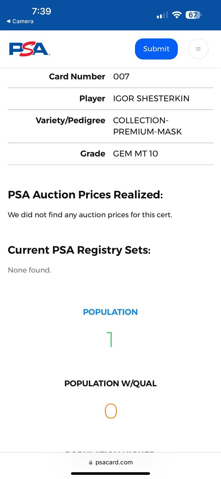 2018 Igor Shesterkin KHL premium mask PSA 10. POP 1. New York Rangers ...