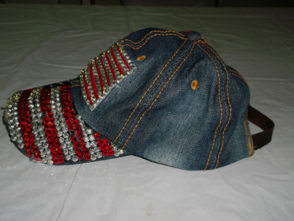 USA Flag Patriotic Denim Rhinestone Rivet Bling / Sparkle Hat CAP ONE ...